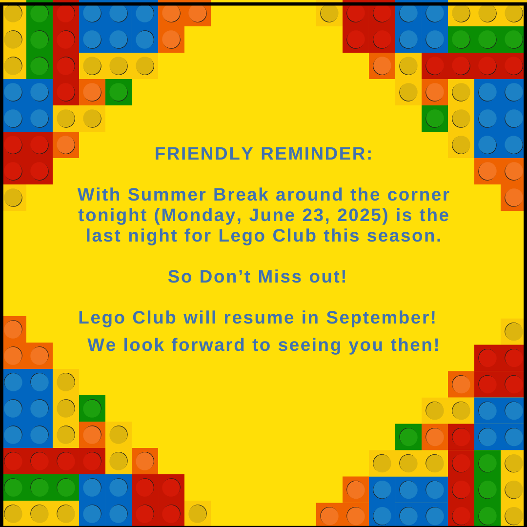 Last Night Of Lego Club Until September - Rockland Park
